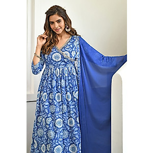 Janasya Indian Women's Blue Floral Block Printed Angrakha Kurta with Flared Palazzo and Dupatta