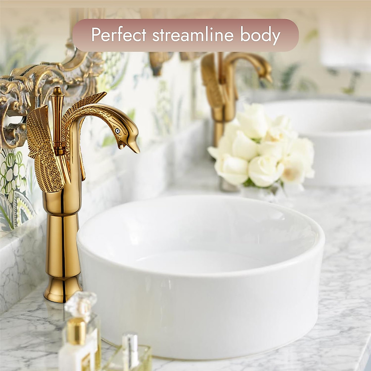 Cinwiny Swan Faucet Bathroom Sink Faucet Polished Gold Swan Shaped Single Handle One Hole Tall Lavatory Basin Tap Mixer Deck Mount Bird Faucet