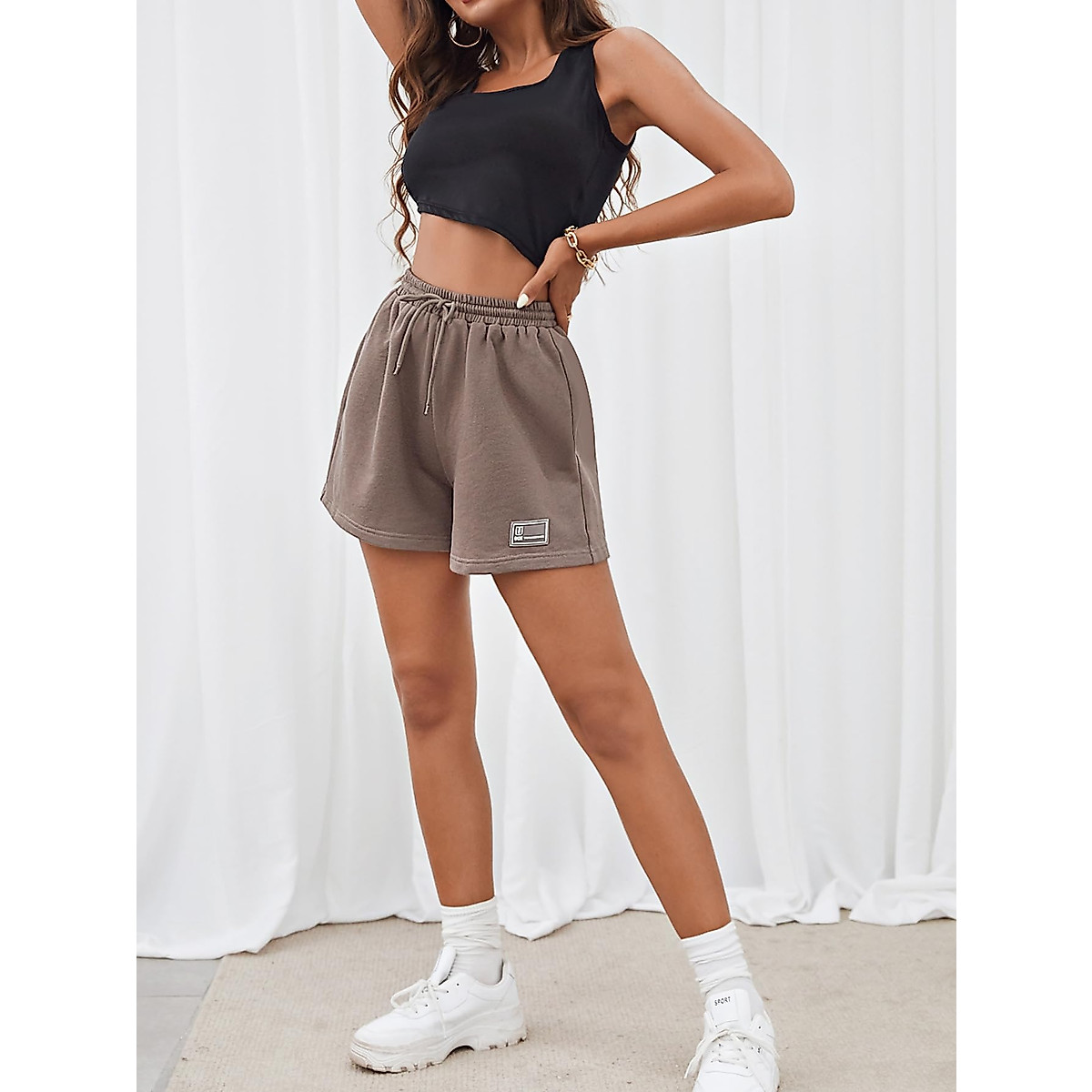MakeMeChic Women's Casual Drawstring Waist Sweat Shorts Running Track Shorts A Mocha Brown XS