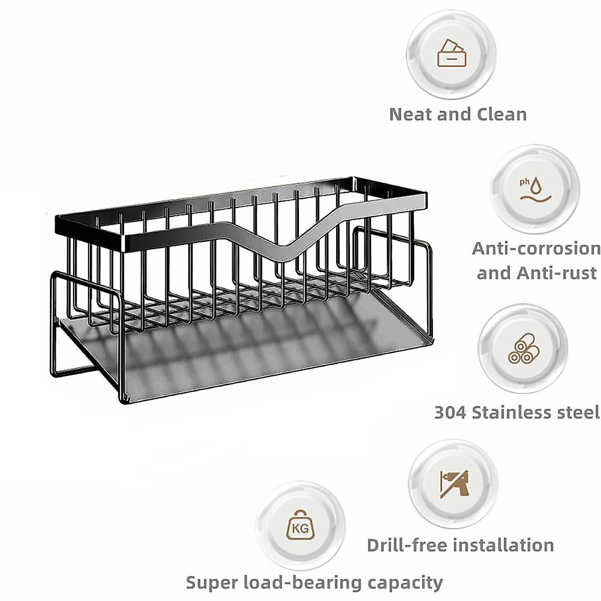 DMJWAN Kitchen Sink Caddy Organizer, 304 Stainless Steel Sponge Holder Sink Caddy with Auto Drain Tray, Holds Sponge, Dish Soap Dispenser, Cleaning Towel, Scrubber, and Utensils