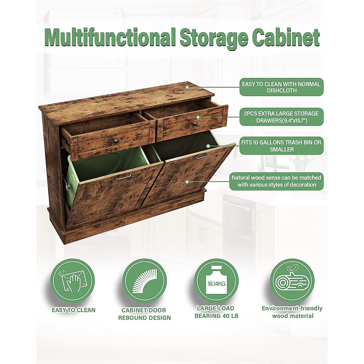 TC-HOMENY Tilt Out Trash Cabinet with Drawer, Free Standing Trash Can Cabinets, Manual and Auto Mode Shutdown Cabinet Door, Recycling Can Cabinet Home, Kitchen, Living Room