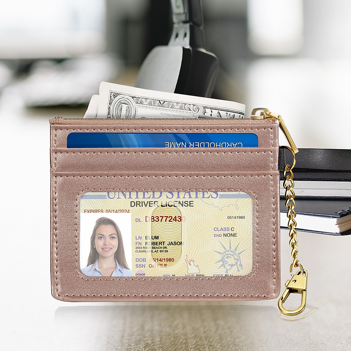 SEAVILIA Card Holder Keychain Wallet for Women with ID Window RFID Coin Purse Bee Gifts Slim Minimalist Small Wallet