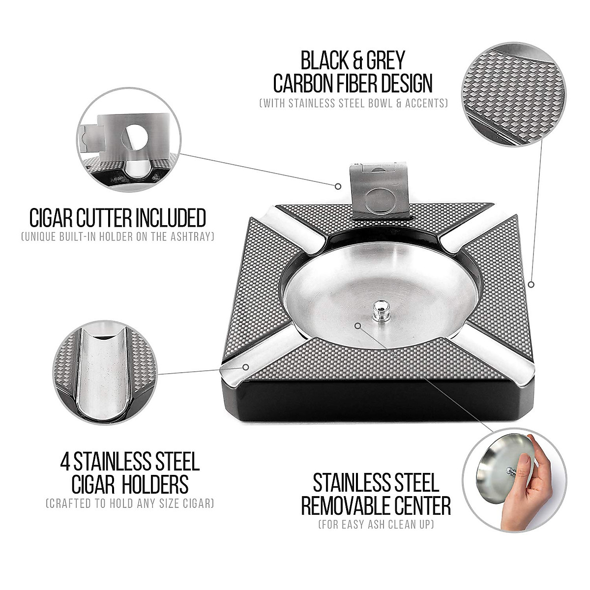 Mrs. Brog Cigar Ashtray with Built-In Cigar Cutter - Holds 4 Cigars - Removable Stainless Steel Bowl - Easy To Clean - Large Ashtray - Perfect Cigar Gift