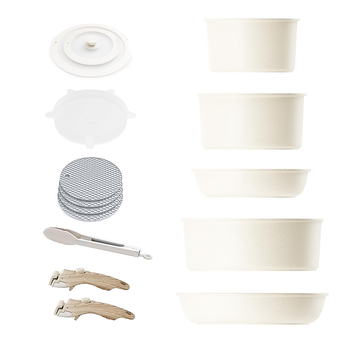 Caannasweis Detachable Nonstick Cookware Set - Stackable Induction Pots and Pans With Removable Handles, Dishwasher Safe - For RV Camping, Oven and Stovetop Use, 5 Pieces (5 Pots Beige)