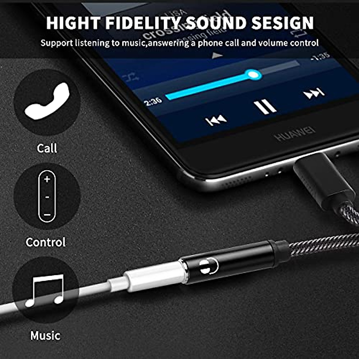 USB C to 3.5mm Headphone Adapter, ACAGET USB Type C Dongle Audio Jack Converter DAC Chip Braided Cable Aux Earbuds Adapter for Samsung S21 Ultra S22 S23 S20 FE Galaxy A53 OnePlus 9 Pro Pixel 6 7 Black