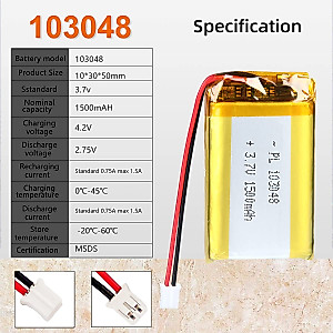YDL 3.7V 1500mAh 103048 Lipo Battery Rechargeable Lithium Polymer ion Battery Pack with JST Connector