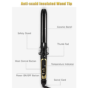 Lanvier 1.25 Inch Clipped Curling Iron with Extra Long Tourmaline Ceramic Barrel, Professional 1 1/4 Inch Hair Curler up to 450°F Dual Voltage for Traveling, Hair Waving Style Tool–Black