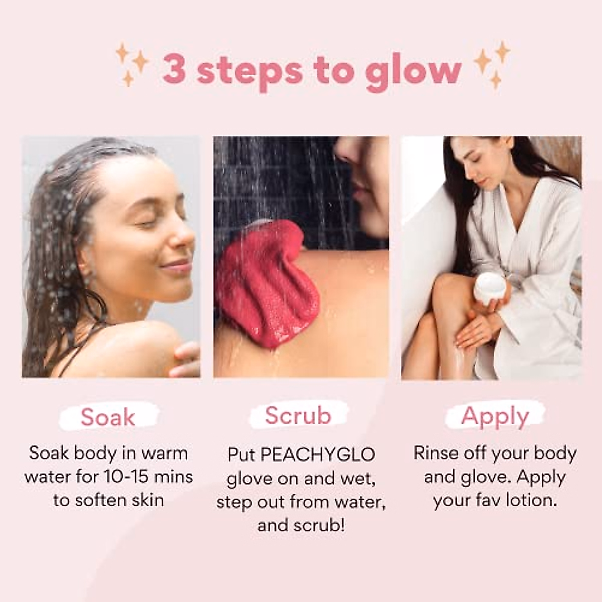 PEACHYGLO Deep Exfoliating Glove for Body 2pc - Shower Scrubbing Mitt for Softer Illuminate Skin, Dead Skin Remover for Women, Silky Smooth Skin