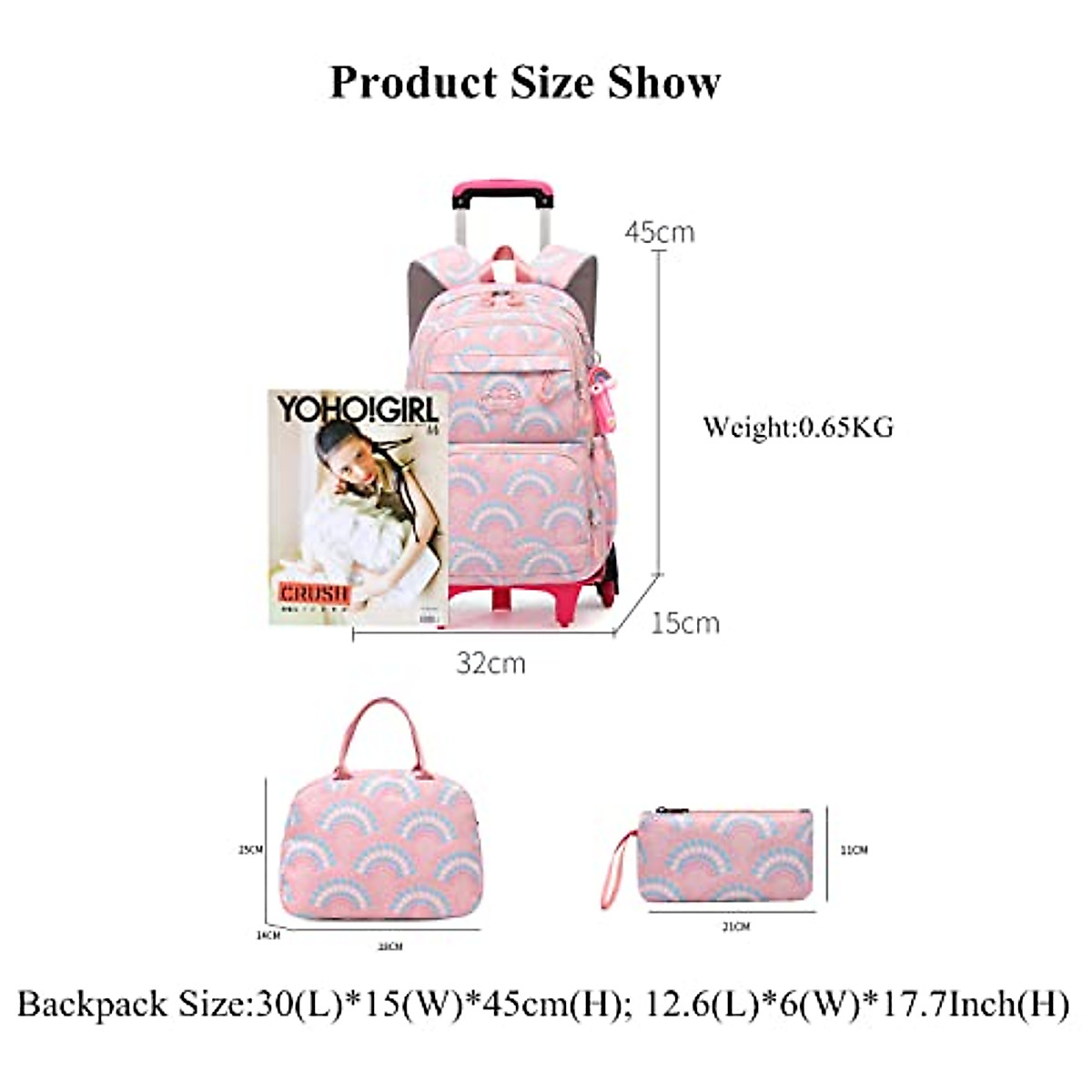 Mfikaryi 3PCS Girls Rolling Backpack Elementary Student Schoolbag Travel Trolley Bag Wheeled Bookbag with Lunch Box