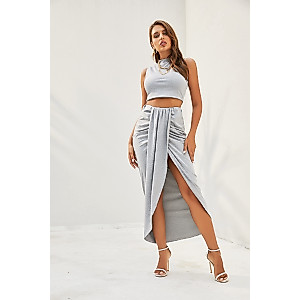 ZAFUL Women’s 2 Pieces Skirt with Crop Tank, High-Slit Twist Skirt Set Bodycon Dress for Party Club Nightout Cocktail (Grey-Ruched, Large)