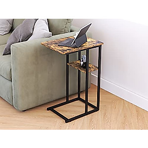 Yusong C Shaped End Table, Small Side Tables Slide Under Sofa Couch Bed, Small TV Tray Bedside Table for Small Spaces, Living Room, Bedroom, Brown