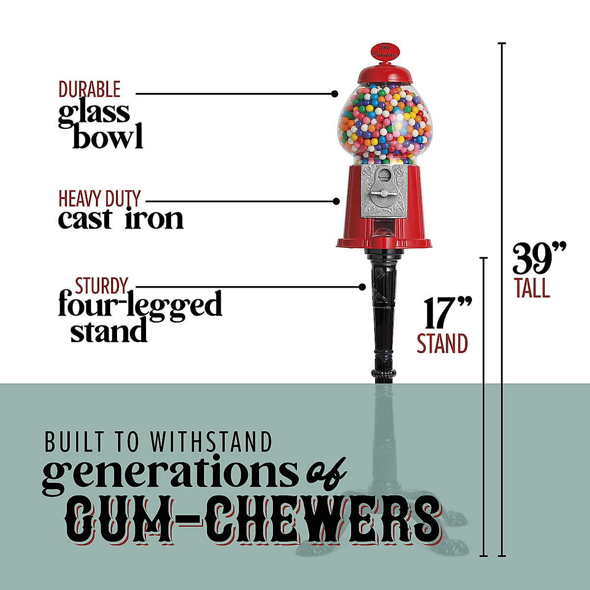 Gumball Machine - 15 Inch Candy Dispenser with Stand for 0.62 Inch Bubble Gumball - Heavy Duty Red Metal with Large Glass Bowl - Easy Twist-Off Refill - Free or Coin Operated - by The Candery