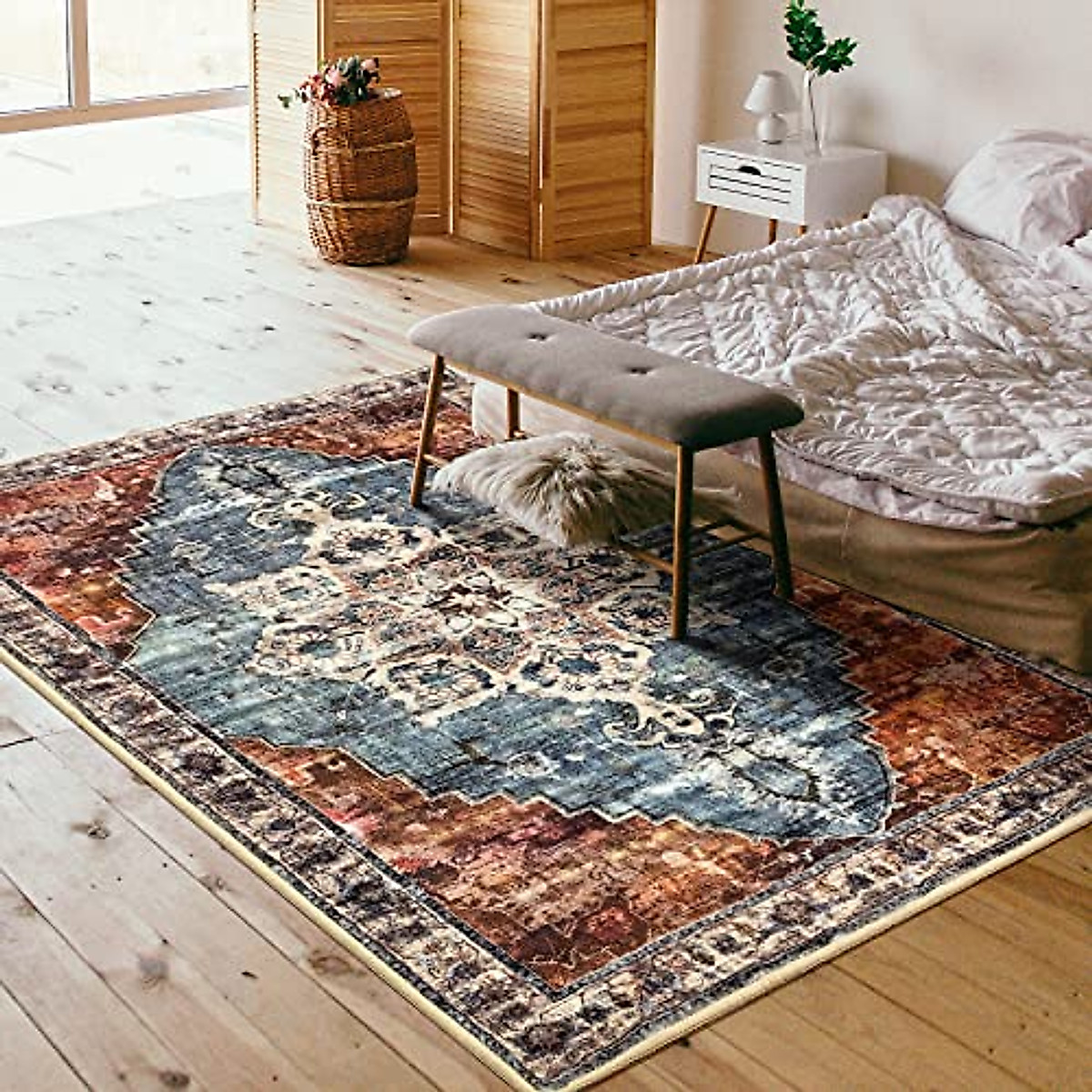 COLORPAPA Area Rug 5x7 Machine Washable Rugs Boho Living Room Rug Non-Slip for Bedroom Dinning Room Kitchen Hallway Blue Taupe Carpet