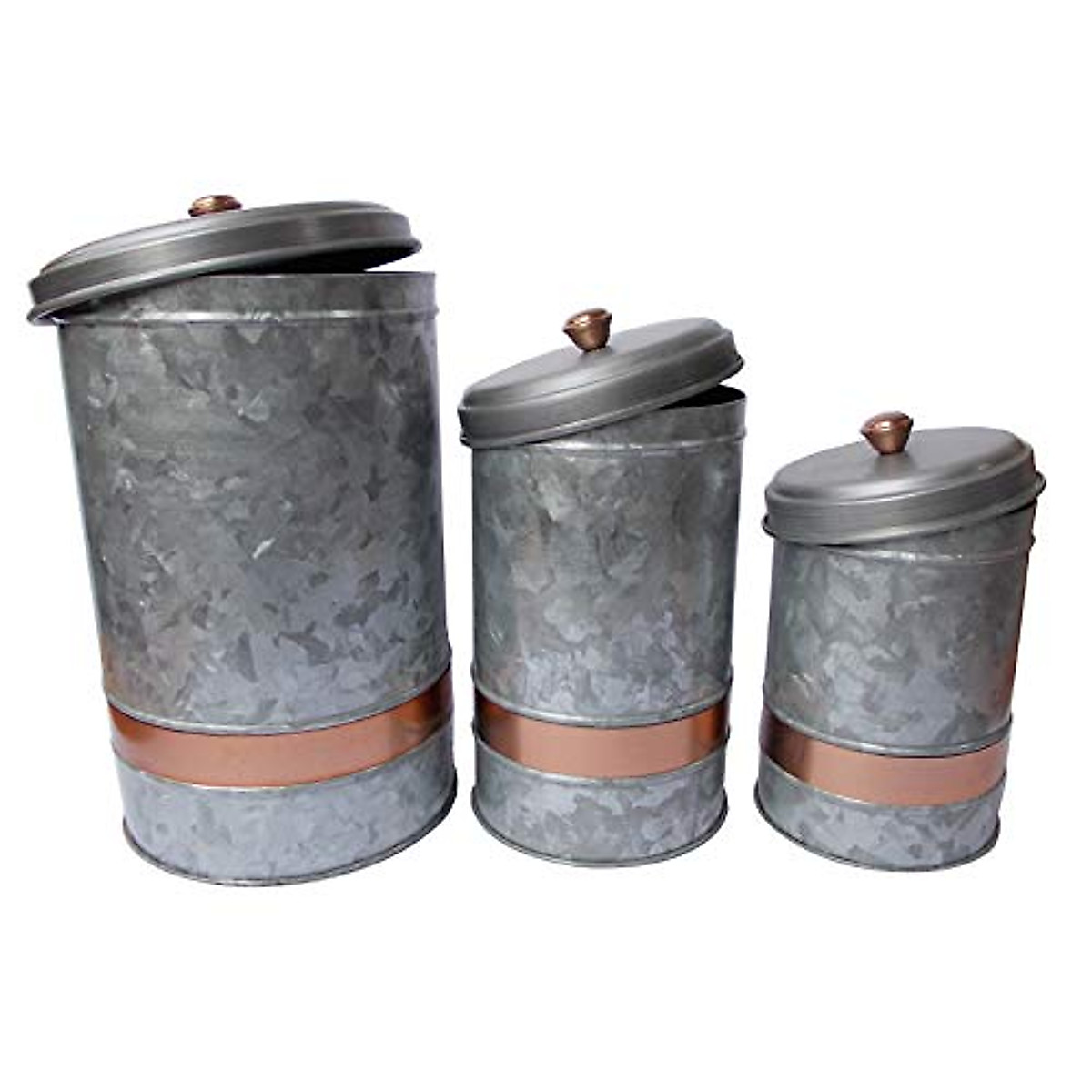 Benjara, Gray Galvanized Metal Lidded Canister with Copper Band, Set of Three, 3 Count