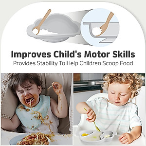 Mother's Corn Suction Plate for Baby | Divided Food-Grade 100% Silicone Feeding Bowls and Dishes for Kids, Infants & Toddlers - BPA-Free, Microwave, Dishwasher & Oven Safe | Cloud Design | Grey
