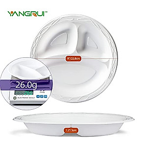YANGRUI White Plastic Plates, 9 Inch 3 Compartments 150 Pack Food Grade Meterial BPA Free Reusable Dinner Plates