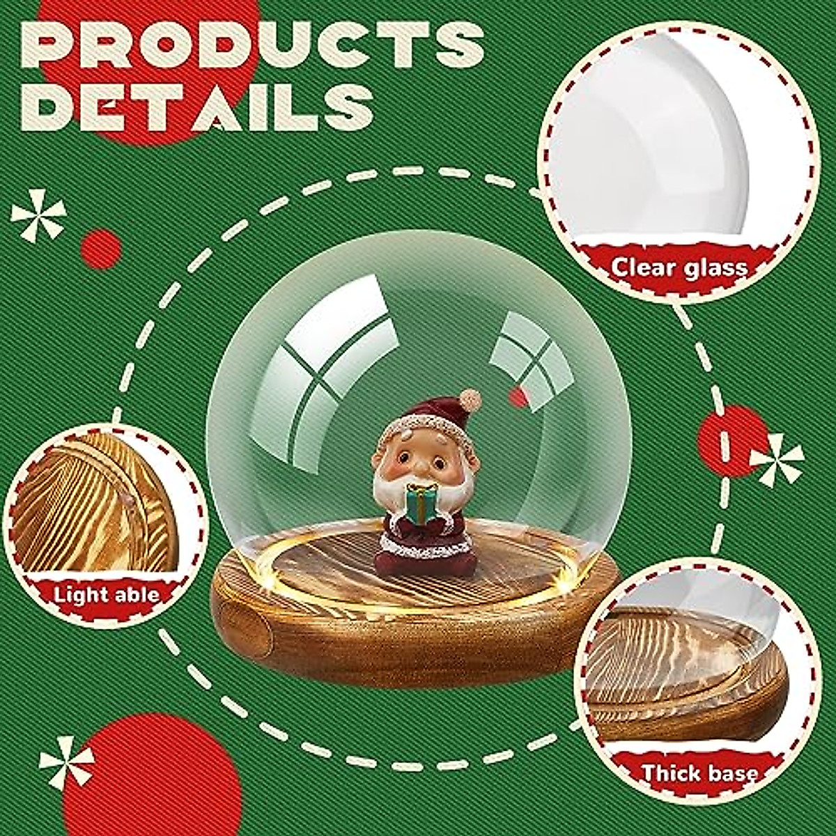 Funtery 4 Pcs 3.54 x 5 in Christmas DIY Clear Glass Dome Keepsake Globe Display Case with Light Wood Base Decorative Snow Globe Kit Plant Terrarium Decor for Women Craft Tabletop Gift (Classic Style)