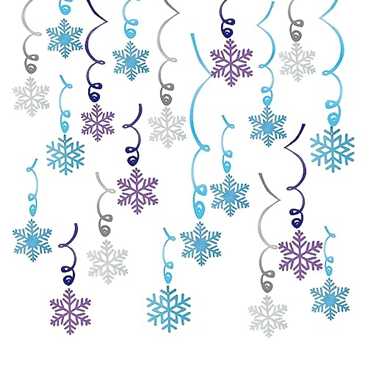 30CT Christmas Snowflake Hanging Swirl Decorations, Winter Snowflakes Frozen Birthday Party Ceiling Streamer Purple Blue Silver Snowflake Garland for Winter Party Wonderland Xmas New Year Party Decor