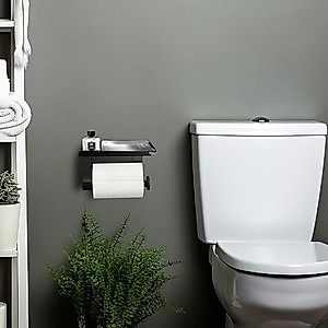 Toilet Paper Holder with Shelf with Shelf, Short Paper Towel Holder Wall Mount 12" Self Adhesive Toilet Paper Roll Holder with Phone Shelf for Bathroom Toilet Accessories