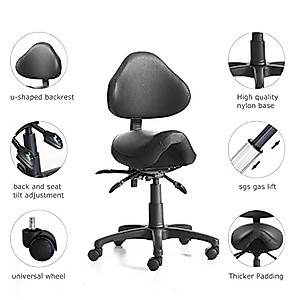 Eognyzie Adjustable Saddle Stool Chairs with Back Support Ergonomic Rolling Esthetician Seat for Salon Tattoo Shop Spa Home Dentist Clinic