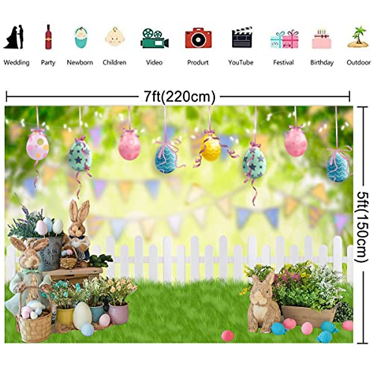 7X5ft Spring Garden Background Easter Photography Backdrop Easter Rabbit Colorful Egg Fence Flag Background Spring Easter Floral Bokeh Photo Studio Booth