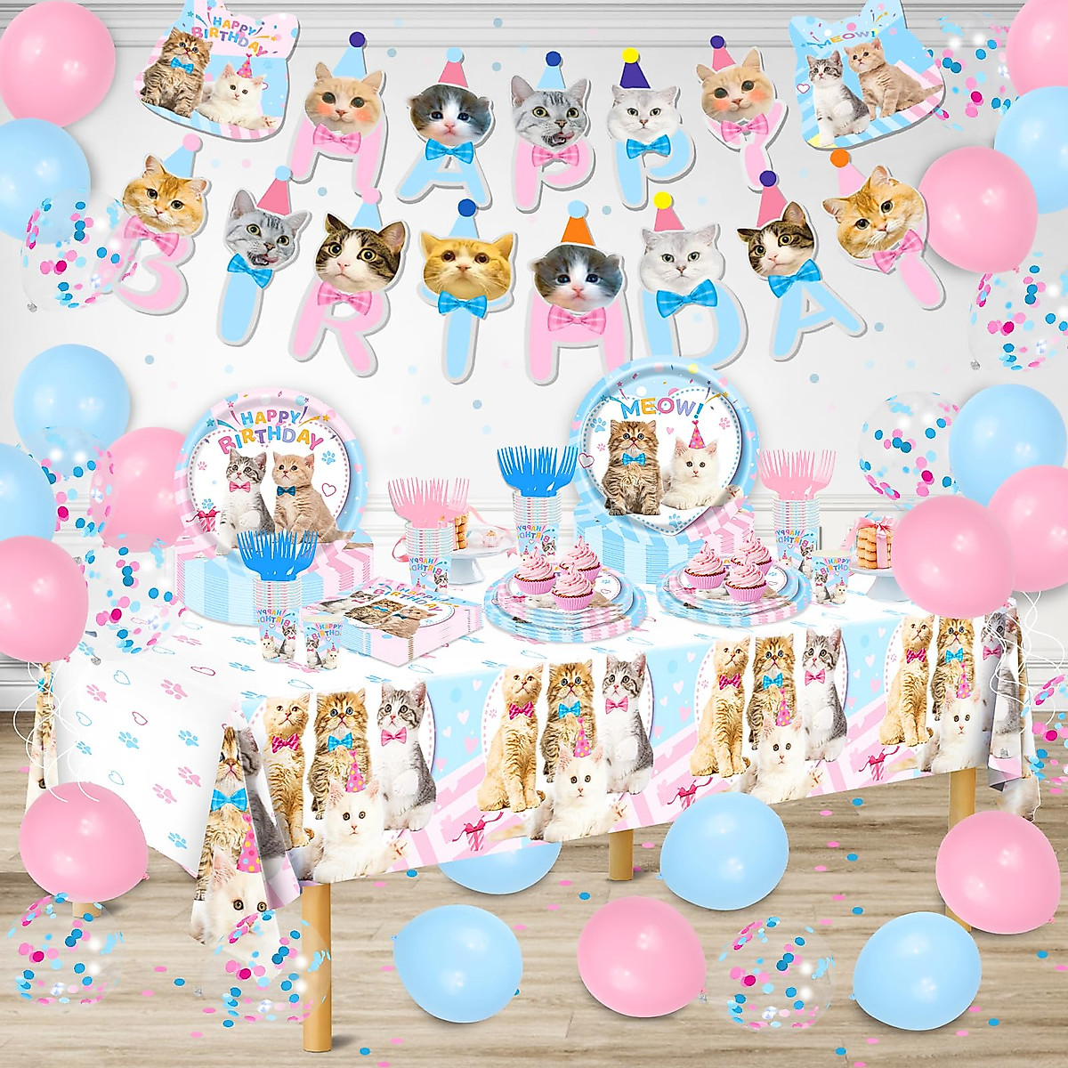 Cat Birthday Decorations, 146Pcs Cat Birthday Party Supplies-Serves 24 Cat Party Disposable Tableware with Cat Party Plates Cups Napkins Tablecloth Balloons for Kitten Girls Birthday Party Decorations