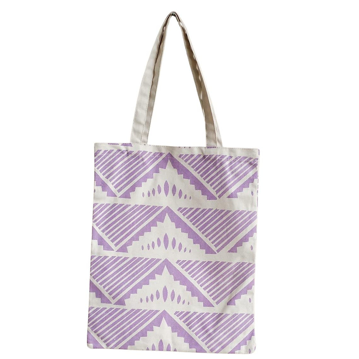 Handprinted Canvas Tote Bag, Reuseable Grocery Shopping Tote with Long Handles, Multipurpose, Sturdy 100% Cotton Canvas Shoulder Bag with Purple Fijian Tapa Print - Tabana Print, Purple