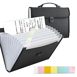 13 Pockets Accordion File Organizer with Handle, TRANBO Letter Size/A4 Expanding File Folder, Portable Paper Organizer, Expandable Plastic Document Organizer for Travel School Office - Black