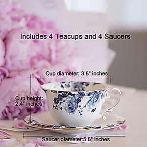 Jomop Ceramic Tea Cups Coffee Cup and Saucers Set of 4 (Blue and White)