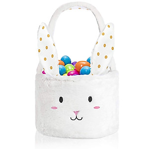 Easter Basket for Toddlers Babies, Cute Fluffy Bunny Basket with Foldable Ears, Easter Baskets Bags for Easter Egg Hunts, Plush Personalized Easter Basket Empty for Kids Girls Boys Gifts, White