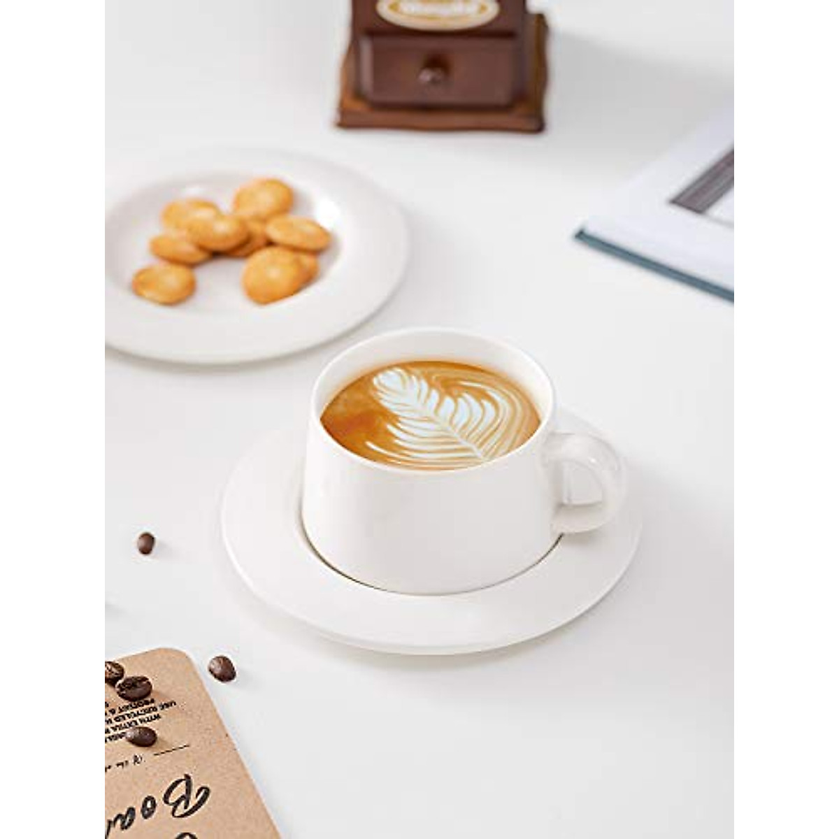 Kanwone Porcelain Stackable Cappuccino Cups with Saucers - 8 Ounce for Specialty Coffee Drinks, Cappuccino, Latte, Americano and Tea - Set of 4, White