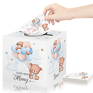 Azbuk Blue balloons Bear Baby Shower Game Cards with Box, Guess How Many, Baby Shower Game with Box and 50 Guessing Cards, Baby Shower Decorations for Boy and Girl