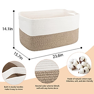 MEGASKET Extra Large Cotton Rope Basket, 23.6" x 15.7" x 14.1" Rectangle Blanket Basket Living Room, Wicker Woven Throw Blanket Pillow Storage Basket, Soft Kids Dog Toy Basket Storage Bins Organizer