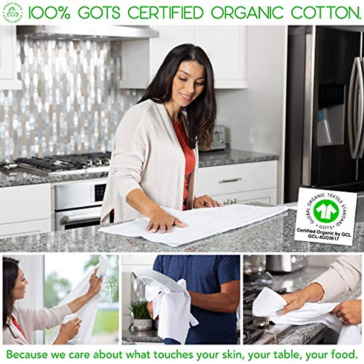HONEST WEAVE GOTS Certified 100% Organic Flour Sack Cotton Kitchen Hand and Dish Towel Sets - Extra Large 27x27 inches, Fully Hemmed, 12-Pack, White