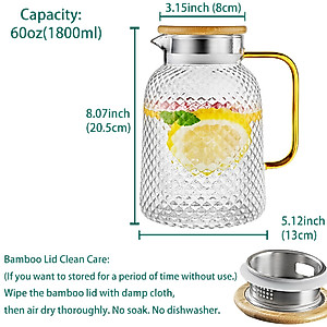 BPFY 1 Pack 60oz Glass Pitcher, Glass Pitcher with Lid and Spout, Glass Water Pitcher, Iced Tea Pitcher for Fridge, Glass Carafe for Cold or Hot Beverages,Glass Jug for Water, Sun Tea, Milk