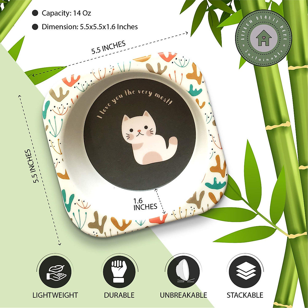 BeeBon Beauty Home Bamboo Bowls for Kids, Super Cute - Easy to Clean - Eco Friendly Kids Bowls, Non Toxic - BPA Free - Dishwasher Safe Bamboo Bowl, Perfect Size Toddler Bowls, 14 Oz, 4 Pack