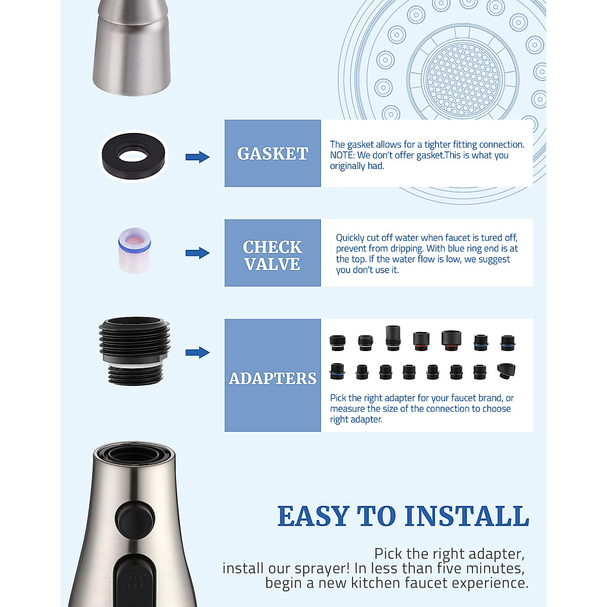 Kitchen Faucet Head Replacement with 15 Adapters - 3 Functions Pull Down Spray Head for Kitchen Faucet, Pull Out Faucet Sprayer Head Nozzle, Kitchen Sink Faucet Sprayer Head Parts, Brushed Nickel