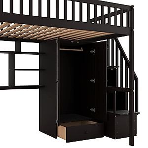 Harper & Bright Designs Full Loft Bed with Stairs and Wardrobe, Wooden Full Size Loft Bed with Desk Underneath, Loft Bed with Storage Staircase and Shelves for Girls Boys Teens,Espresso