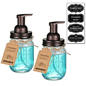 Amolliar Mason Jar Foaming Soap Dispenser, Rustproof Stainless Steel Lid, BPA Free Foam Pump, Waterproof Labels, Rustic Farmhouse Decor Refill Hand Soap Dispenser Bathroom Accessories– Bronze (2 Pack)