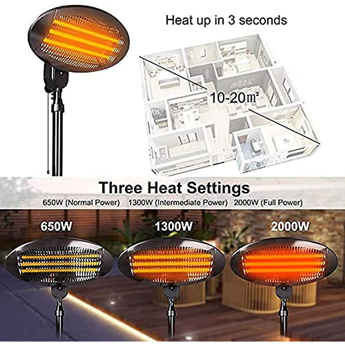 NaoSIn-Ni Electric Garden Patio Heater,Outdoor Freestanding Infrared Halogen Heaters 3 Power Levels Adjustment and IP34 Waterproof Anti-Rollover Protection