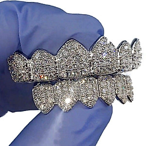 CZ Grillz Set Silver Tone Cubic Zirconia Micro Pave Bling Teeth Top & Bottom Row Iced Hip Hop Grills