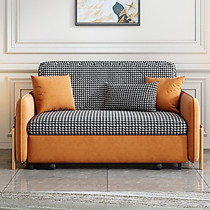 53.5" Full Sleeper Sofa Orange Upholstered Convertible Sofa Bed 3 in 1 Sleeper Sofa Couch Bed, Small Tufted Velvet Convertible Loveseat Futon Sofa w/Pullout Bed, Multi-Pockets for Living Room
