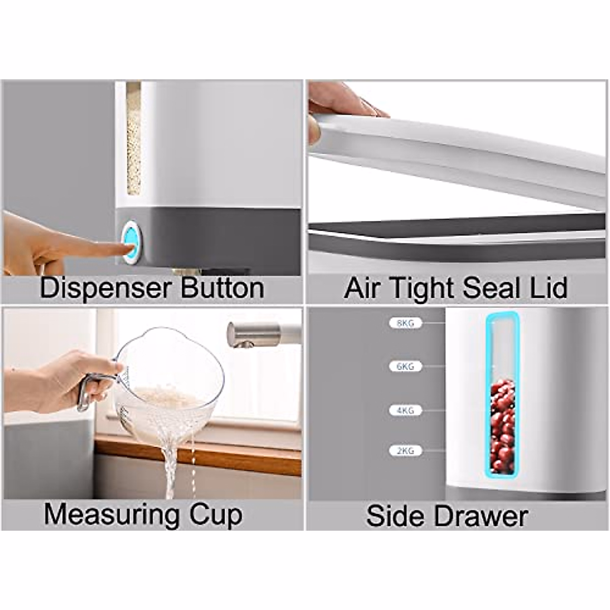 Sooyee 22 Lbs Rice Dispenser with Measuring Cup,Large Rice Container, Food Storage Containers for Rice, Corn,Soybean & Oatmeal,Airtight, Moisture Proof