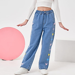 Rolanko Big Girls Baggy Jeans Elastic Wide Leg Stretch Denim Pants Loose Kids Clothes (Colorful Butterfly, 14-16)