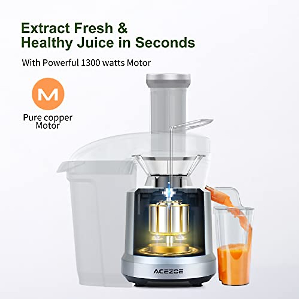 Acezoe Juicer Machines 1300W Juicer Vegetable and Fruit, Power Juicers Extractor with 3" Feed Chute, Centrifugal Juicer with High Juice Yield, Easy to Clean&BPA-Free, Dishwasher Safe, Brush Included