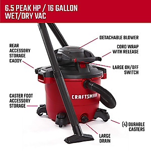 CRAFTSMAN CMXEVBE17607 16 Gallon 6.5 Peak HP Wet/Dry Vac with Detachable Leaf Blower, Heavy-Duty Shop Vacuum with Attachments