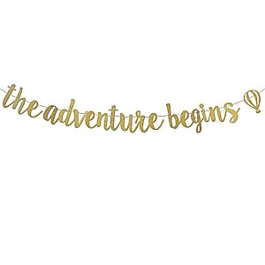 QWLQIAO The Adventure Begins Gold Glitter Banner-Birthday Graduation Retirement Farewell Adventure Party Decor, Job Change,Graduation Party Decorations Supplies