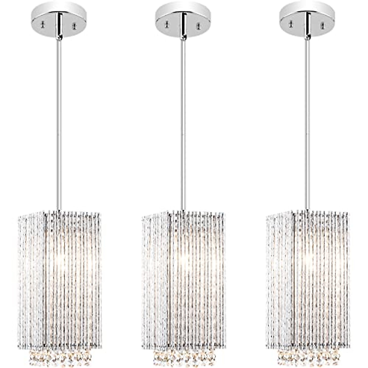 MO&OK 3 Pack Crystal Chandelier Modern Pendent Lights Adjustable Hanging Lighting with Metal Lampshade Rectangle Chandeliers for Kitchen Island Dinningroom,Entrance Living Room H9.8 xD5.2 Chrome