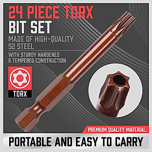 Tamper Proof Torx Screwdriver Bit Set - 24-Piece Star Bits Set, Torx Security Bit Set, 1-inch and 2.3-inch Long T5-T40 Temper Resistant Torx Bit Set