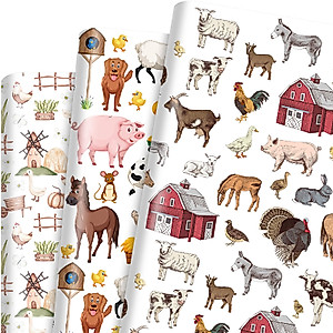 Bolsome 12 Sheets Red Barn Farm Animal Wrapping Paper Barnyard Gift Wrap Folded Wrapping Paper with Cow, Horse, Sheep, Goat, Pig, Duck, Chicken Pattern(20 inch x 28 inch sheet)